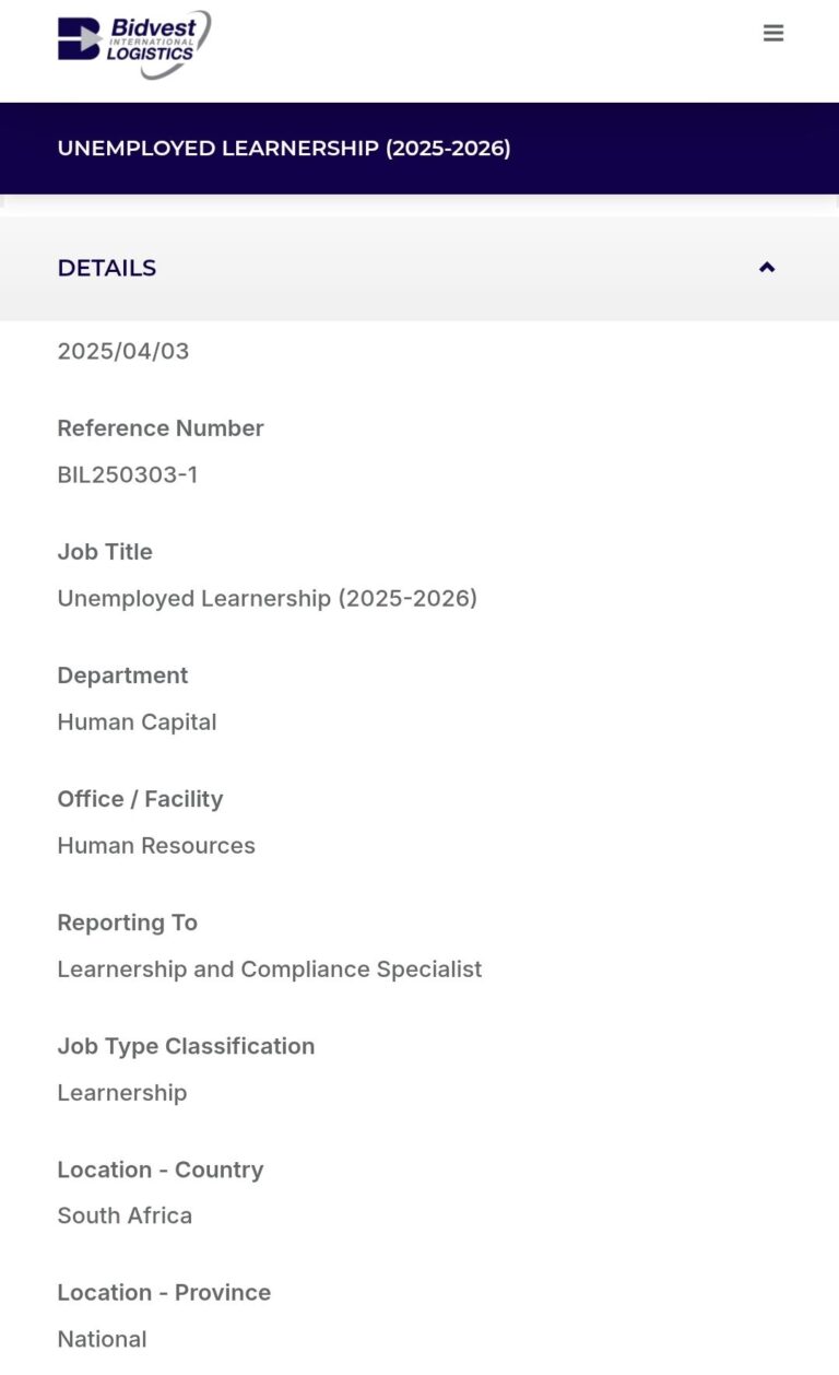 Bidvest International Logistics: Unemployed Learnership (2025-2026) - Jobspress
